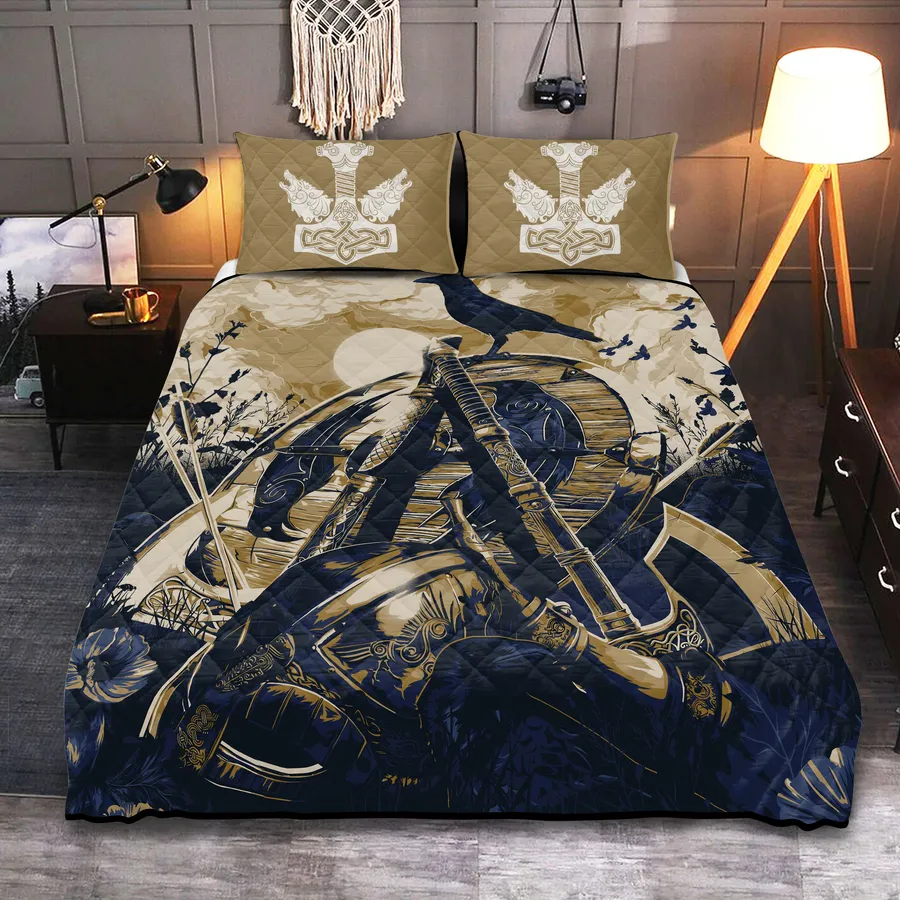 Viking Quilt Bedding Set – Raven Norse Axe Art Bold Legend